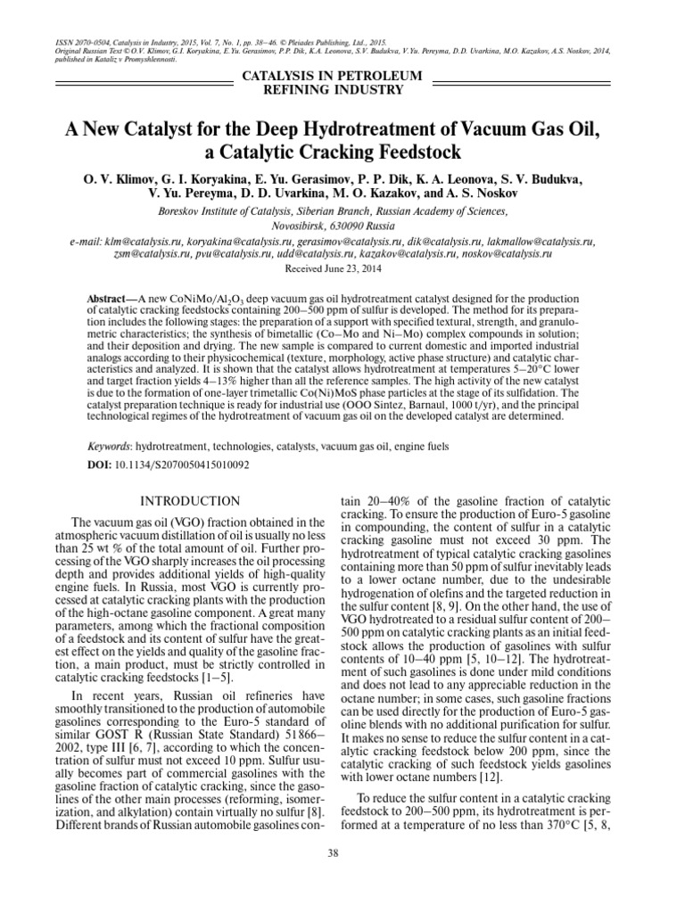 A New Catalyst For The Deep Hydrotreatment of Vacuum Gas Oil, A ...