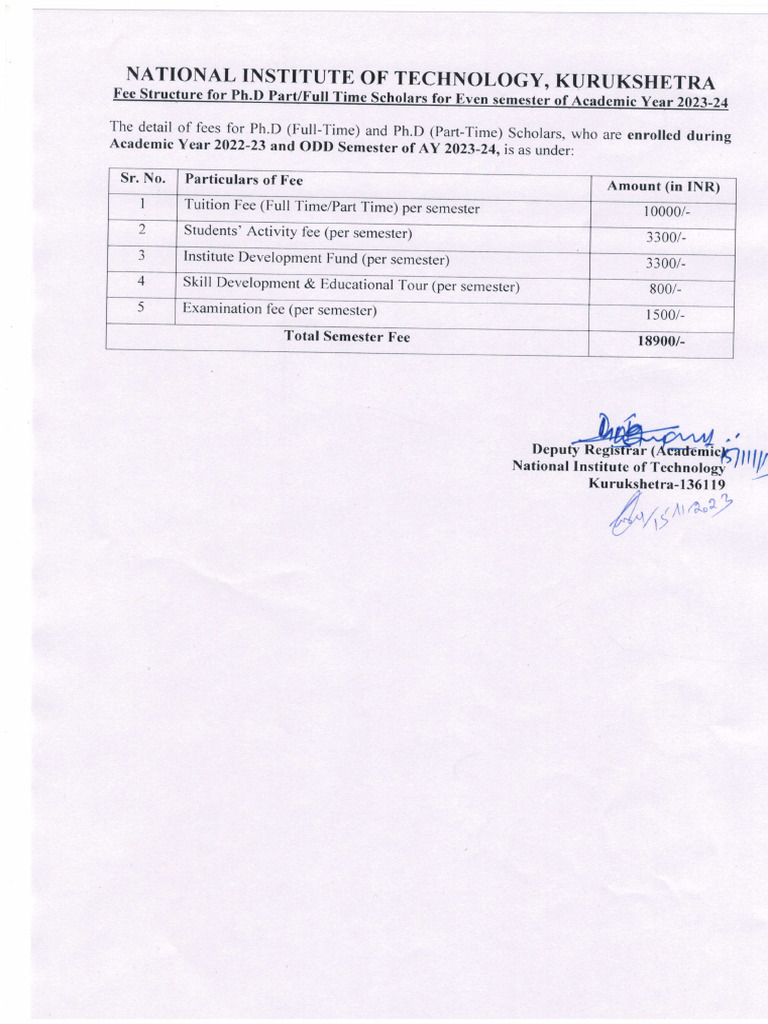 PHD Fee Structures For Scholars Enrolled in AY 2022 23 and Odd Sem of AY 2023 24 1 | PDF