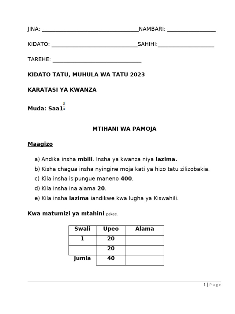 Form 3 2023 End T3 Kiswahili PP1 QS - Teacher - Co - .Ke - Set - A | PDF