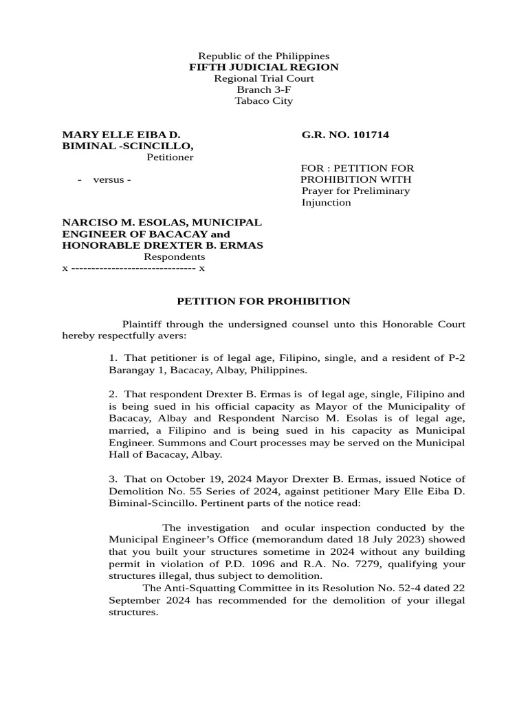 4. Petition for Prohibition | PDF | Injunction | Complaint
