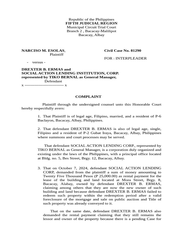 1. Complaint for Interpleader | PDF | Lawsuit | Foreclosure