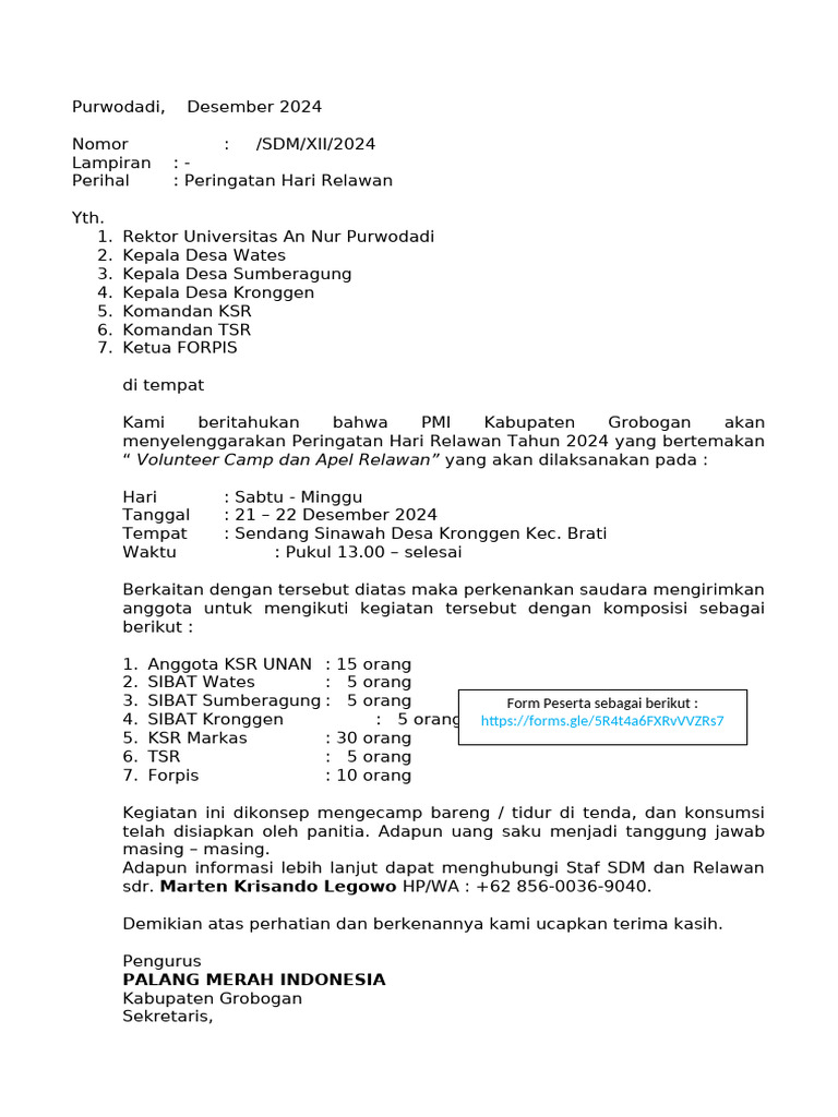 Surat Peringatan Hari Relawan | PDF
