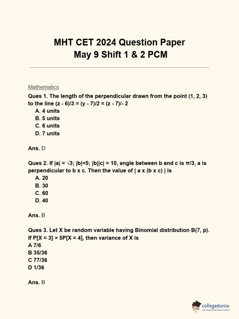 MHT CET 2024 May 9 Shift 1 2 Question Paper PCM | PDF | Chemical ...