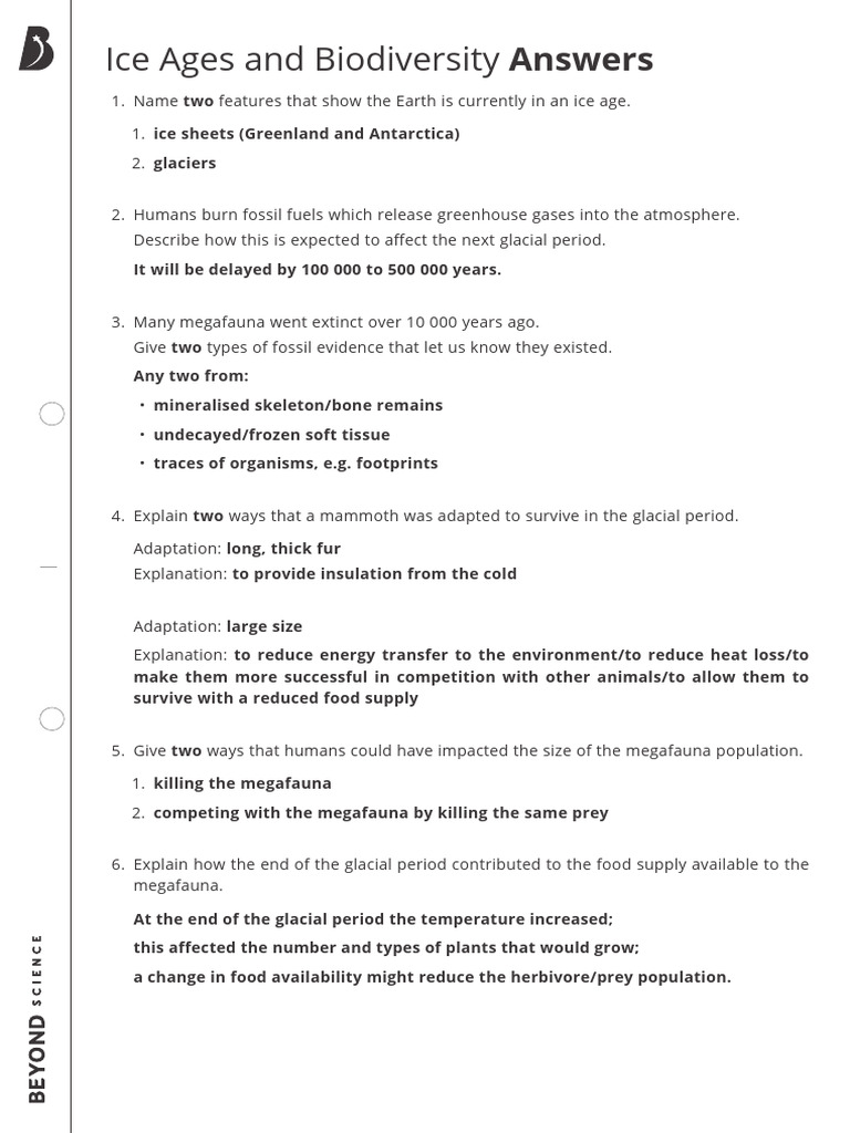 Ice Ages and Biodiversity Worksheet Support - Answers | PDF