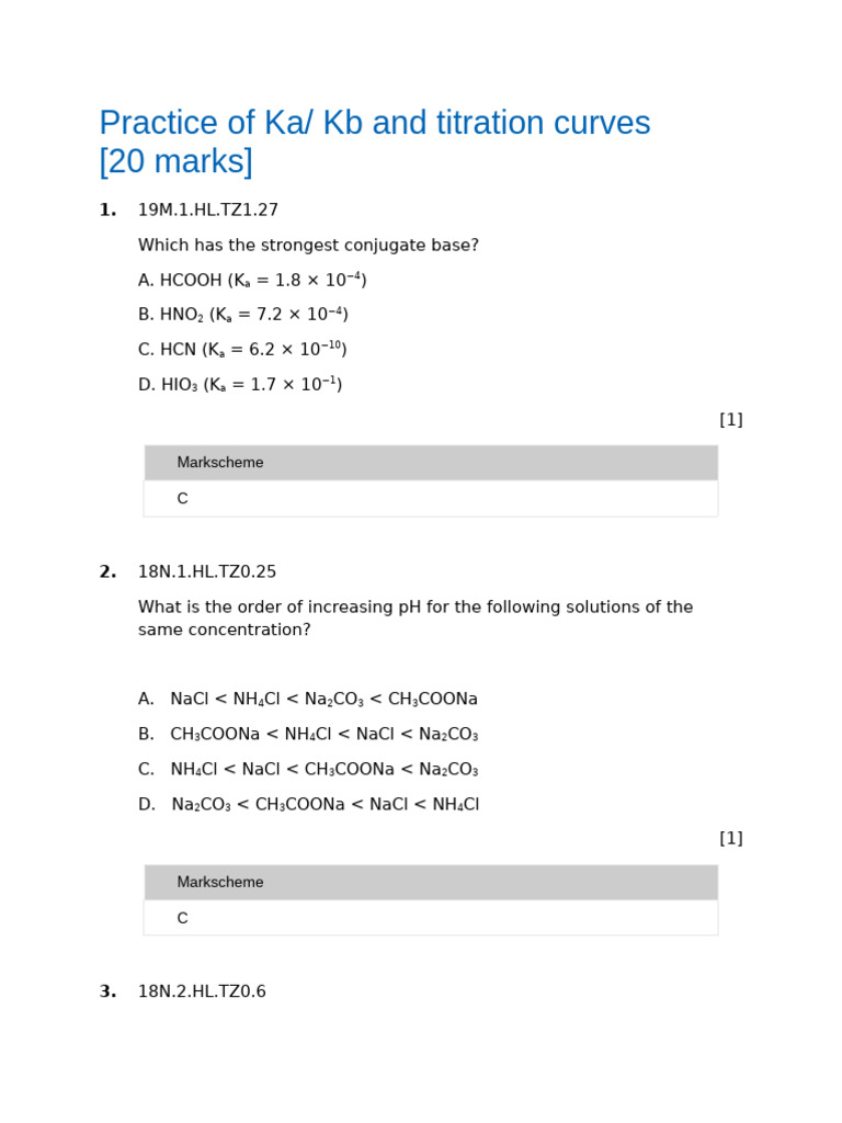 ANS Practice of Ka- Kb and Titration Curves | PDF | Analytical Chemistry | Titration
