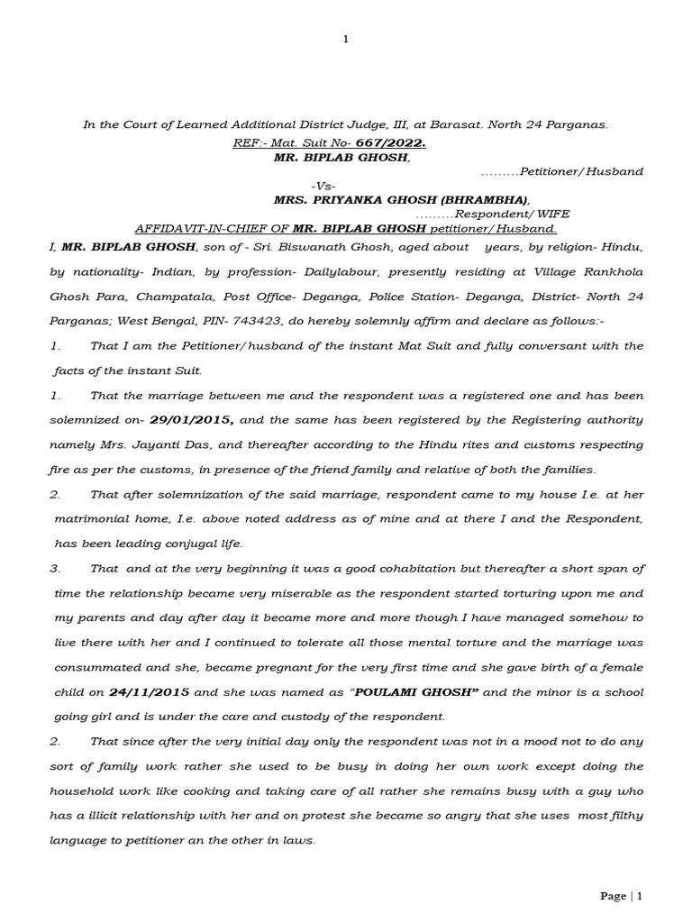 Affidavit in Chief of Mat 13 Hindu Marriage ACT - BIPLAB GHOSH | PDF | Marriage | Social ...