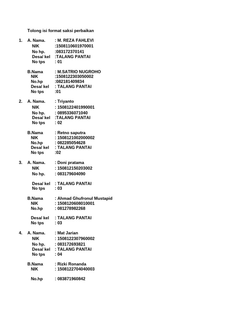 Nama Saksi TPS Talang Pantai | PDF