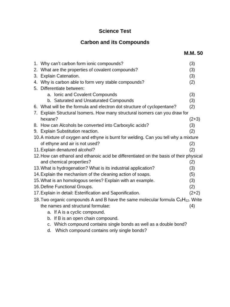 Carbon and Its Compounds Test | PDF