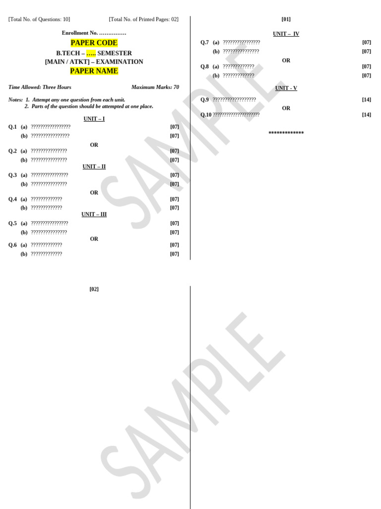 QP Template - B.tech (All Branch) - 70 Marks | PDF