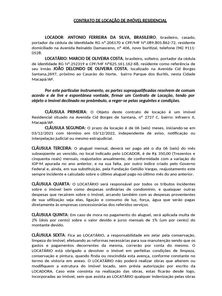 Contrato de Locação Residencial | PDF | Aluguel | Indenização