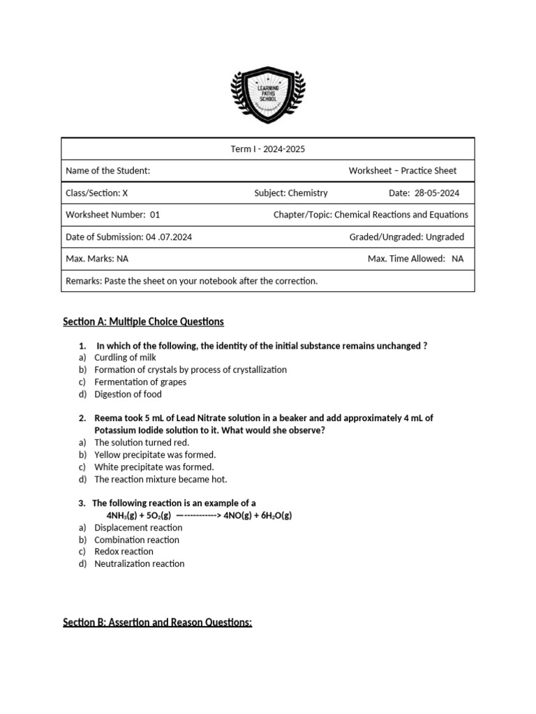 Practice Sheet_Chemistry_ Class 10 | PDF | Chemical Reactions | Oxide