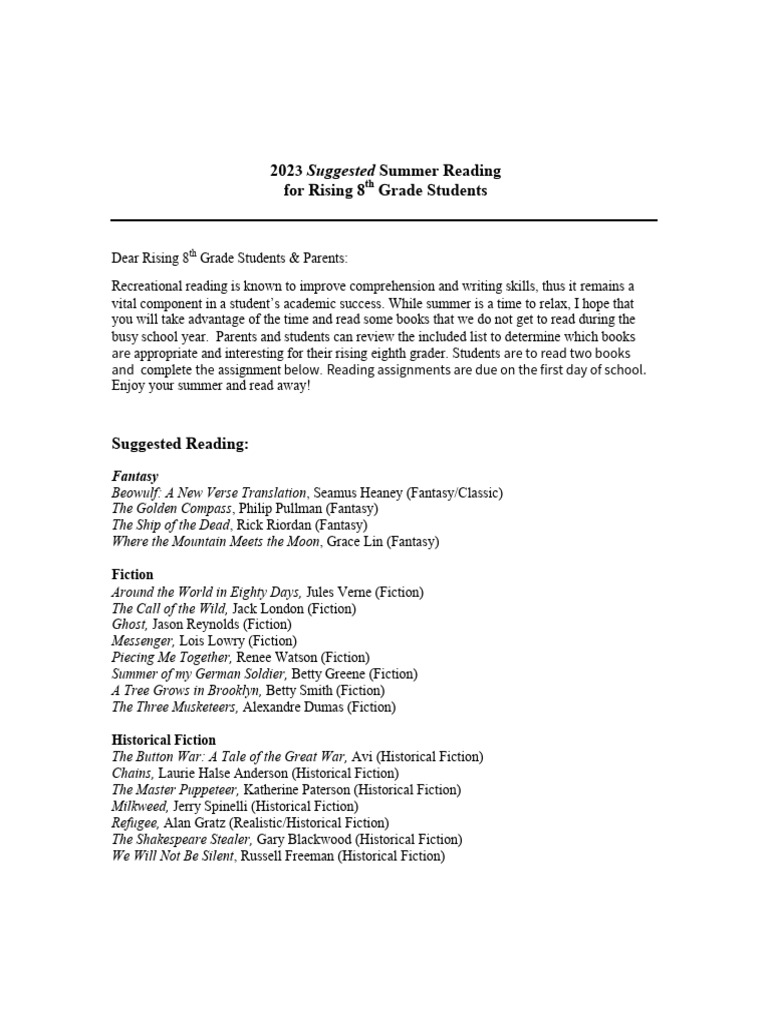2023 Summer Reading List for 8th Graders | PDF | Mood (Psychology ...