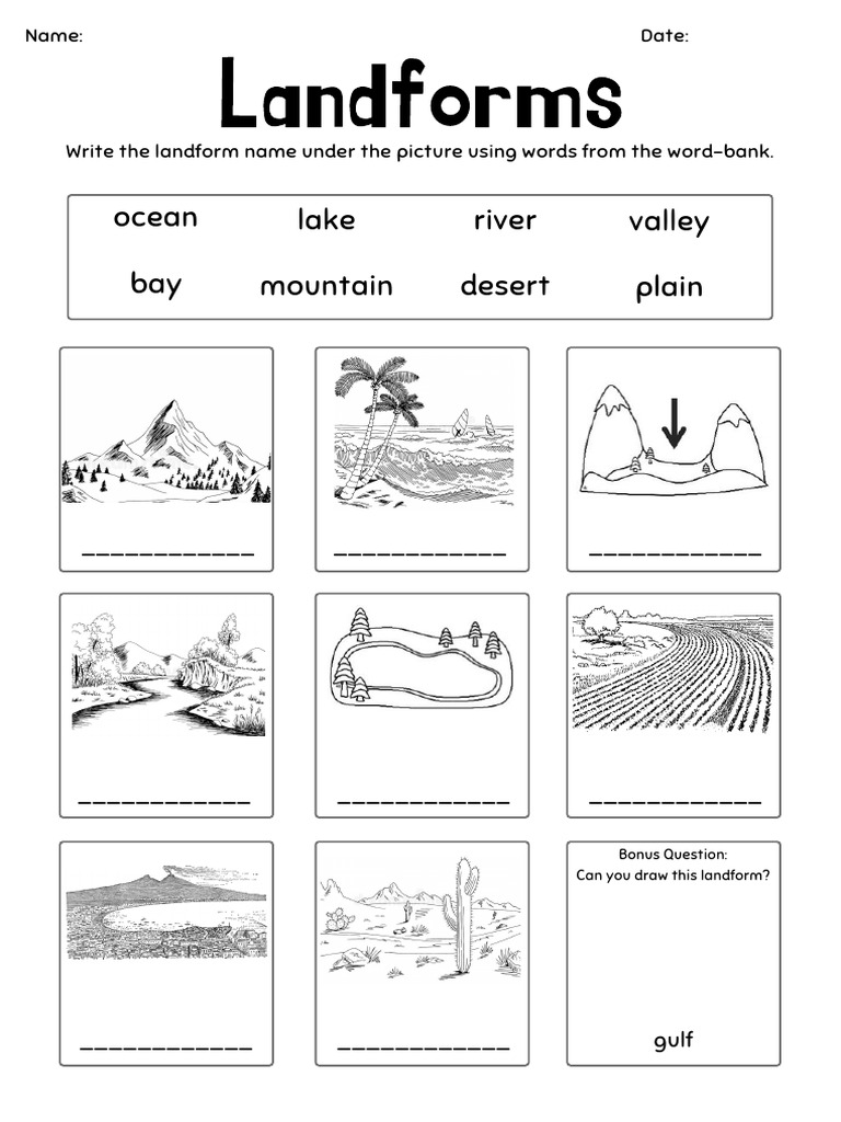 Landforms: Ocean Bay Lake Mountain River Desert Valley Plain | PDF