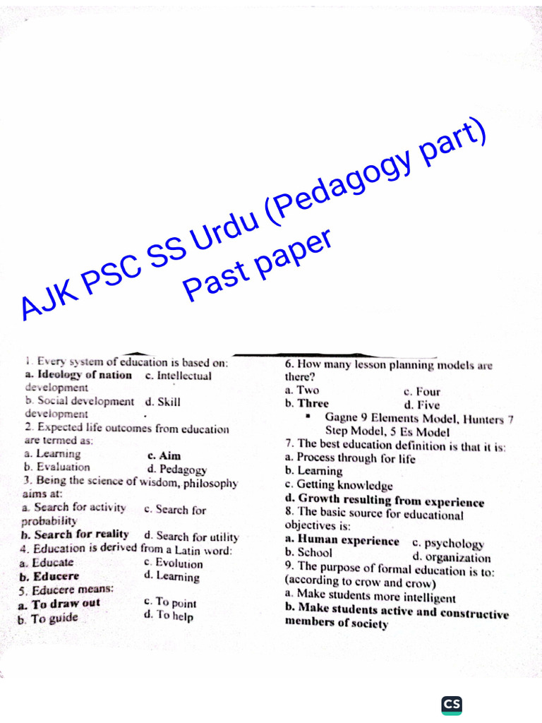 AJK PSC SS Urdu (pedagogy Part) past paper | PDF