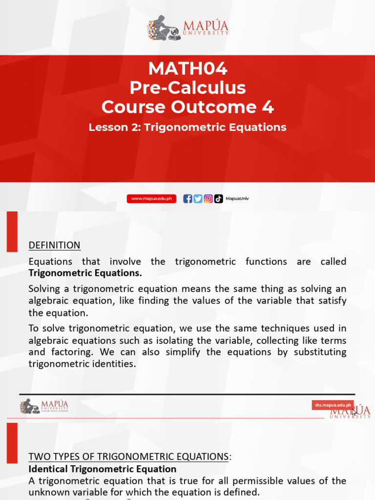 Trigonometric Equations in Pre-Calculus | PDF | Equations | Trigonometric Functions
