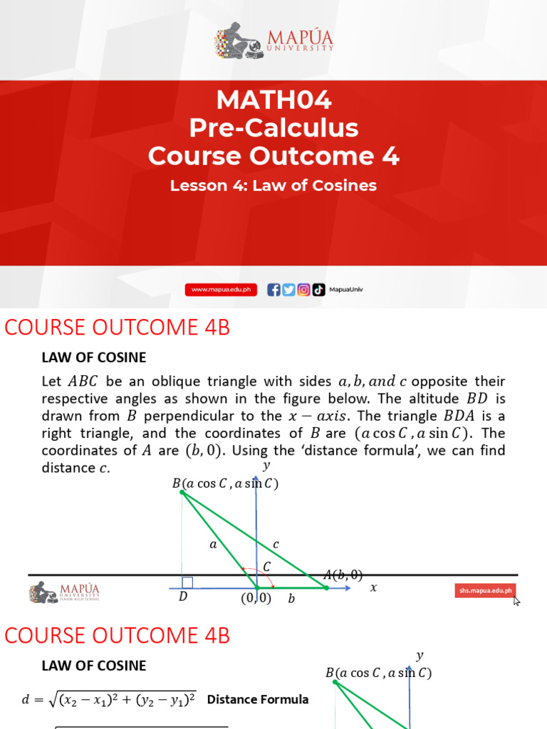 CO4-Lesson 4 - Law of Cosines | PDF | Trigonometric Functions | Triangle