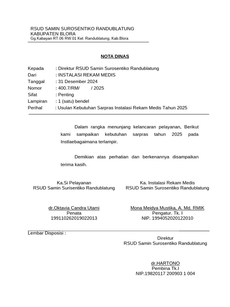 NOTA DINAS INSTALASI REKAM MEDIS | PDF