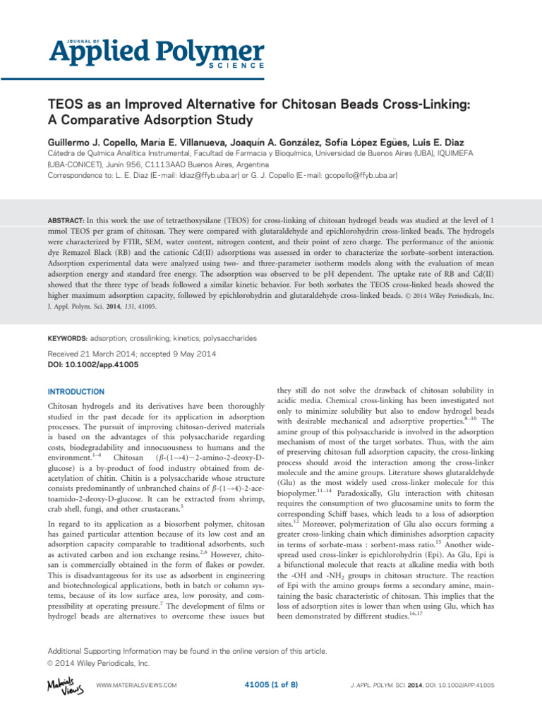 TEOS as an Improved Alternative for Chitosan Beads Cross-Linking | PDF | Adsorption | Polysaccharide