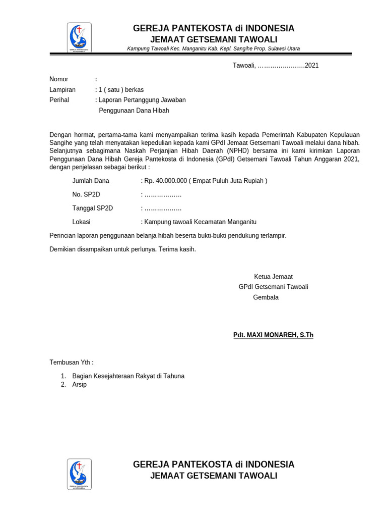 Laporan Pertanggung Jawaban GPdI GETSEMANI TAWOALI | PDF