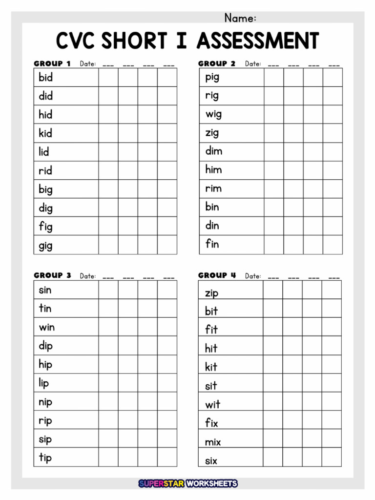 CVCSight Word Assessment Short I | PDF