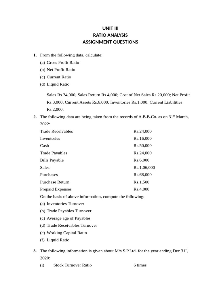 Unit Iii Ratio Analysis Assignment Questions | PDF | Revenue | Working Capital