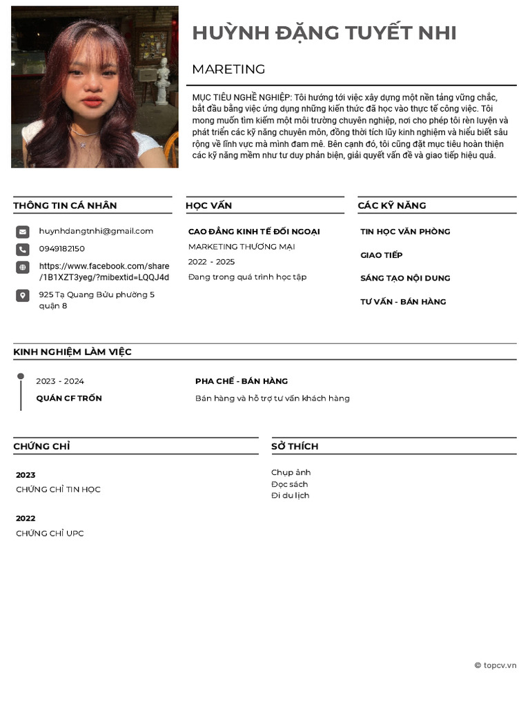 HUYNH DANG TUYET NHI TopCV - VN 091124.100825 | PDF