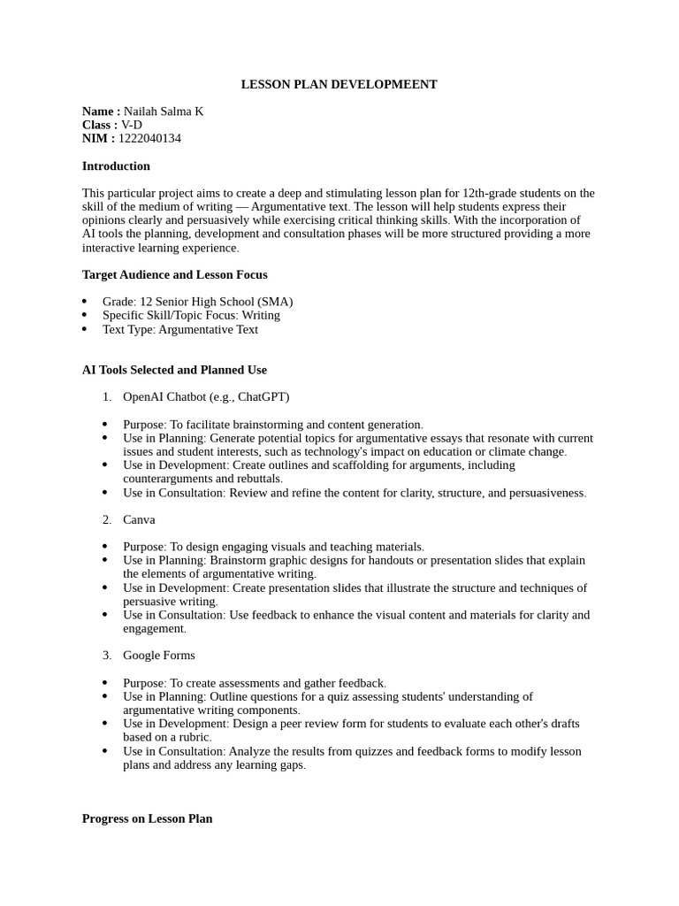 Nailah Salma K - Lesson Plan Development | PDF | Lesson Plan | Essays