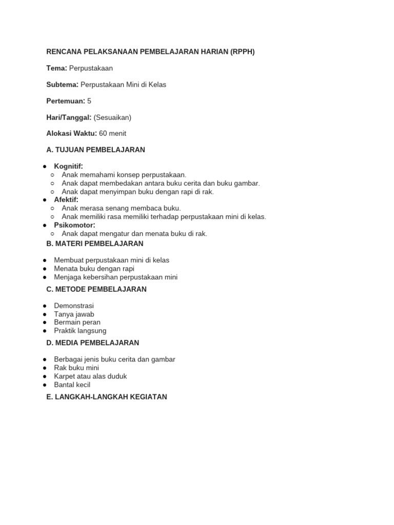 RPPH Tema Perpustakaan, Paud, Hari Ke-5 | PDF