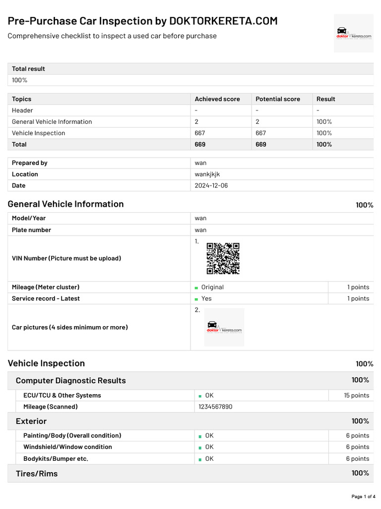 Pre-Purchase Car Inspection Checklist | PDF | Brake | Tire