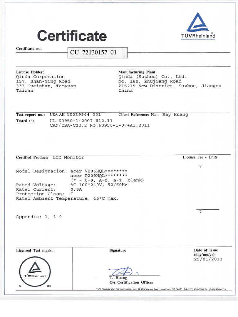 C206HQL CTUVus Certificate | PDF