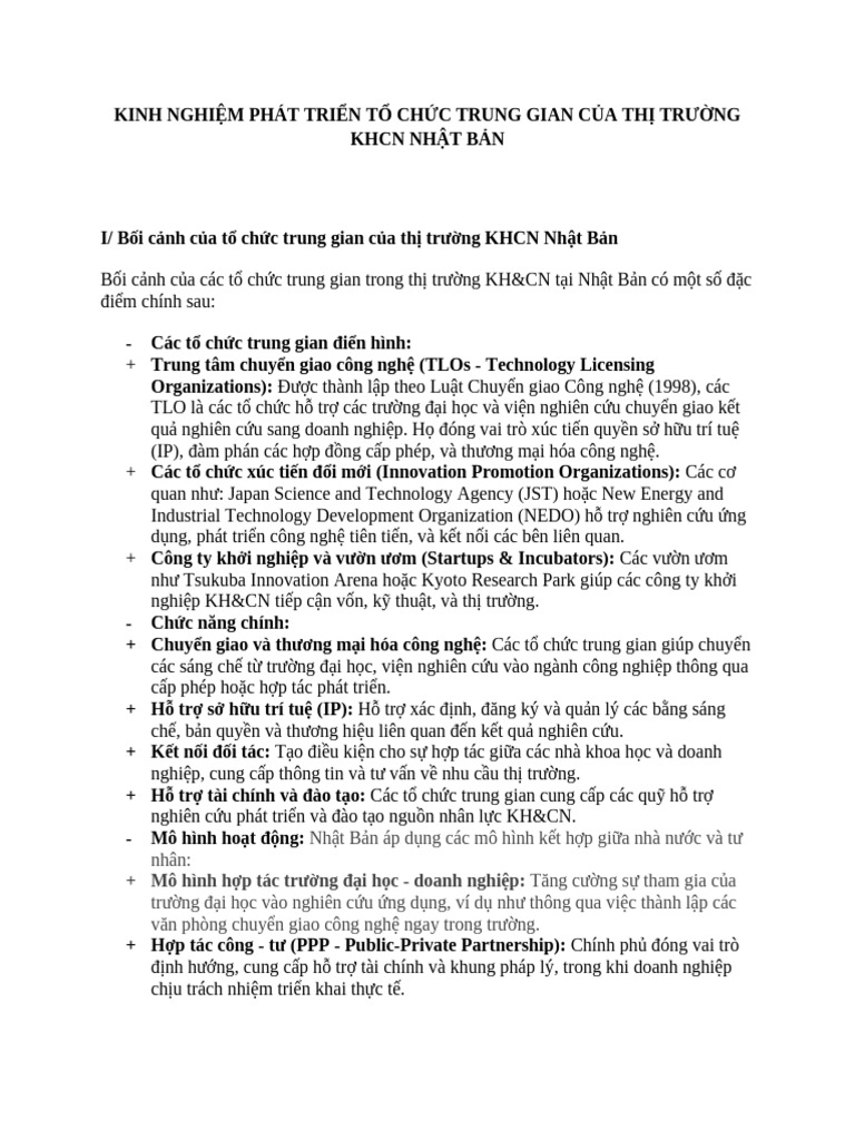 KINH NGHIỆM PHÁT TRIỂN TỔ CHỨC TRUNG GIAN CỦA THỊ TRƯỜNG KHCN NHẬT BẢN | PDF
