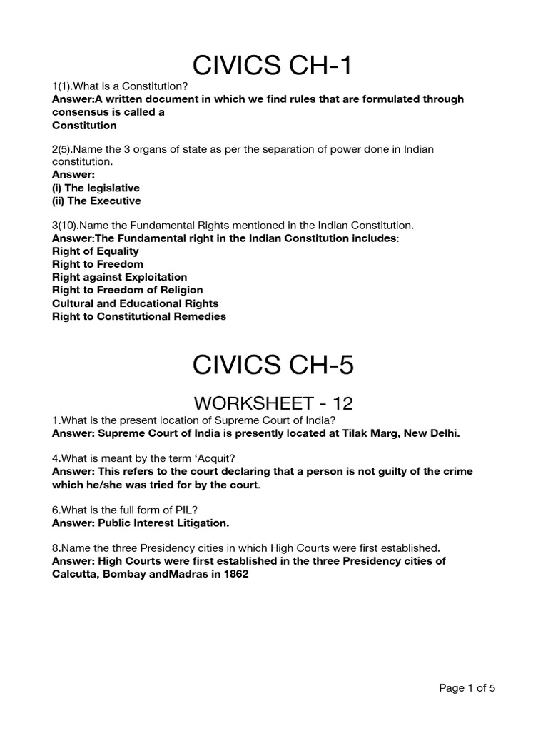 Civics Worksheet With Ans | PDF | Dalit | Separation Of Powers
