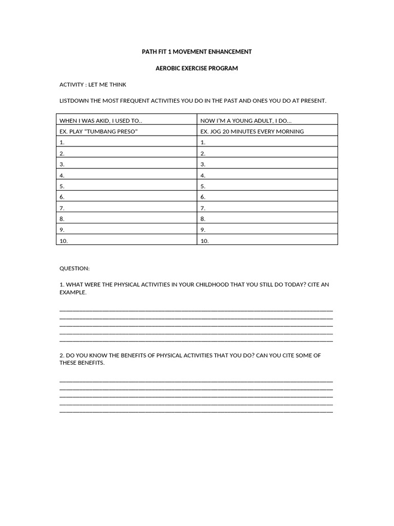 Aerobics Exercise Program Activity | PDF