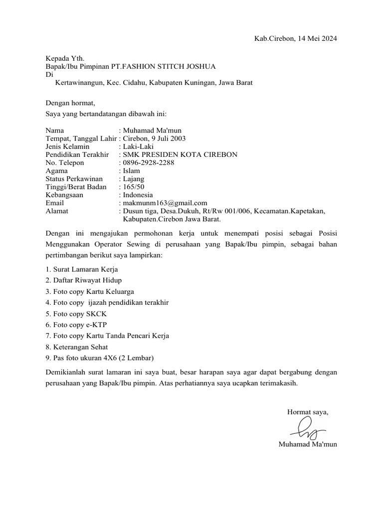 Lamaran Kerja di PT Fashion Stitch Joshua | PDF