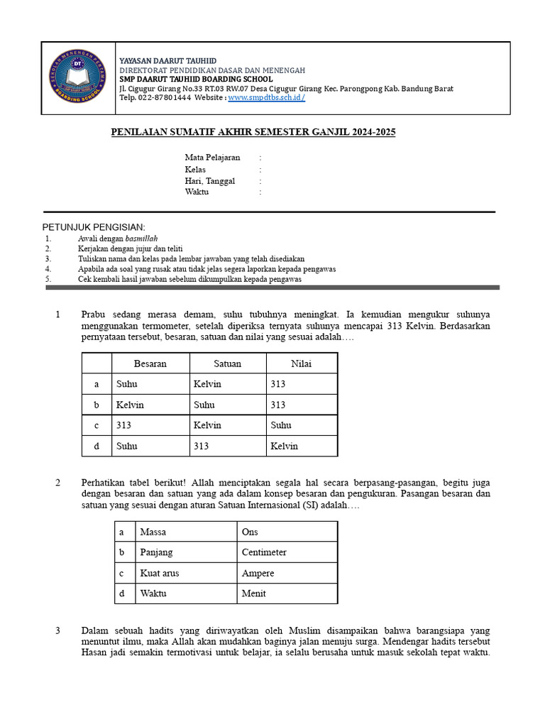 Penilaian Akhir Semester SMP Daarut Tauhiid | PDF