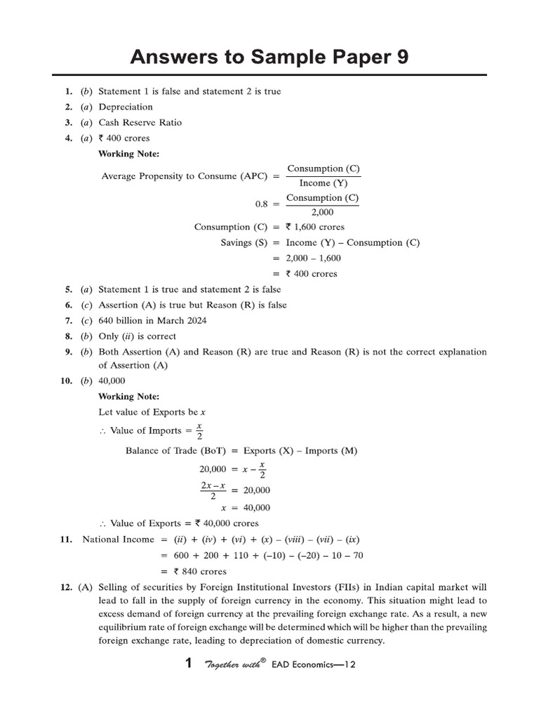 Cbse Cl12 Ead Economics Answers To Sample Paper 9 2025 | PDF