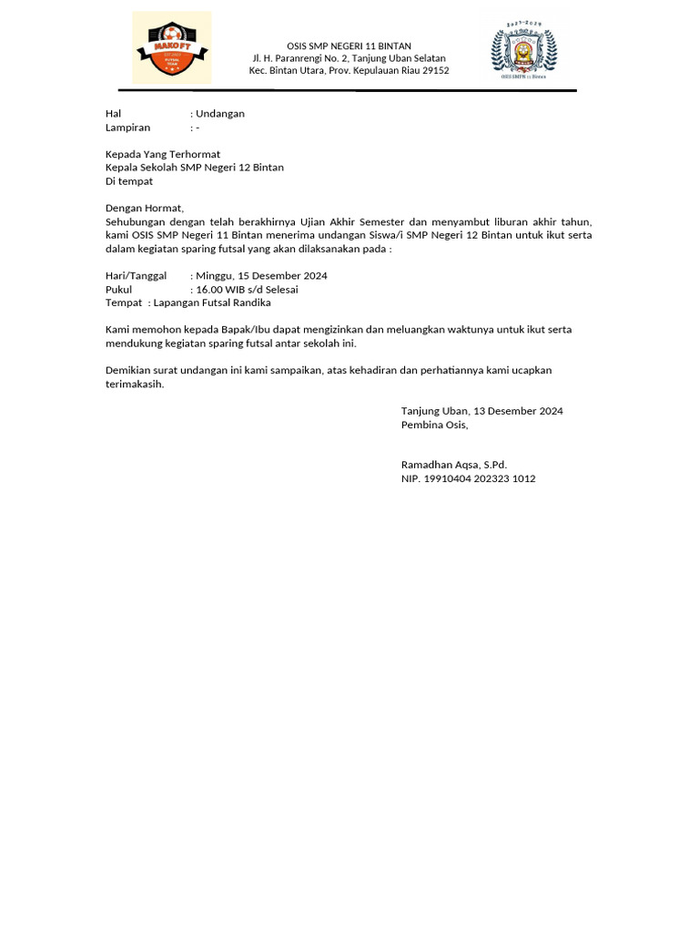 Undangan Sparing Futsal Sekolah | PDF