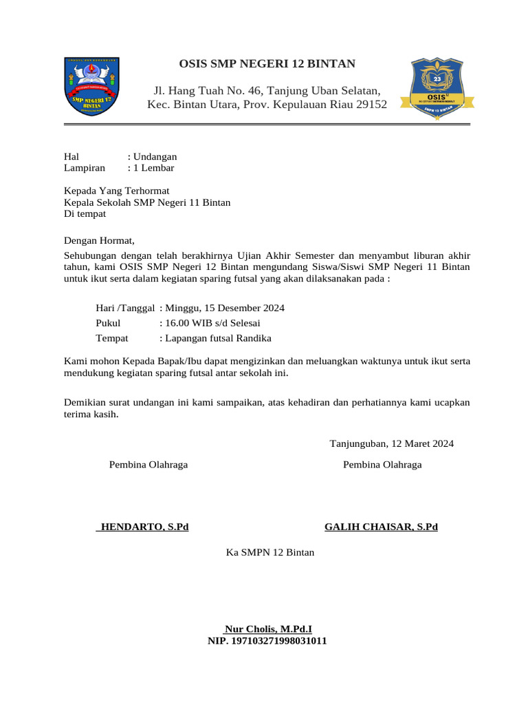 Undangan Sparing Futsal SMPN 12 Bintan | PDF