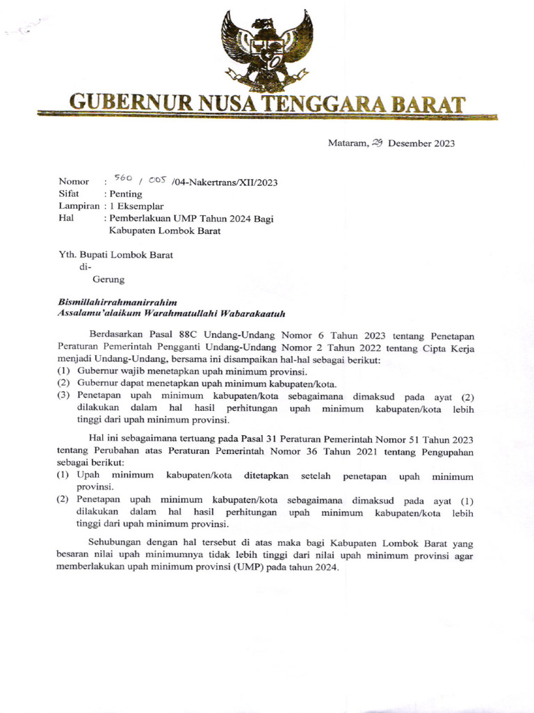 UMK Kabupaten Lombok Barat 2024 | PDF