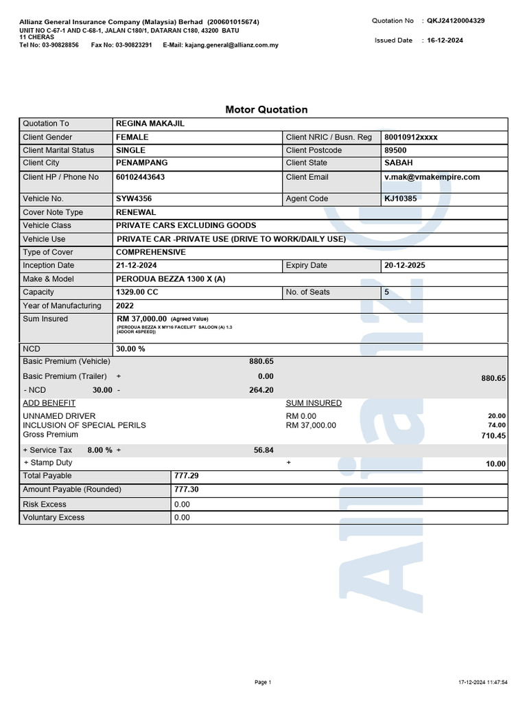 Revised Quote SYW4356 | PDF | Insurance | Underwriting