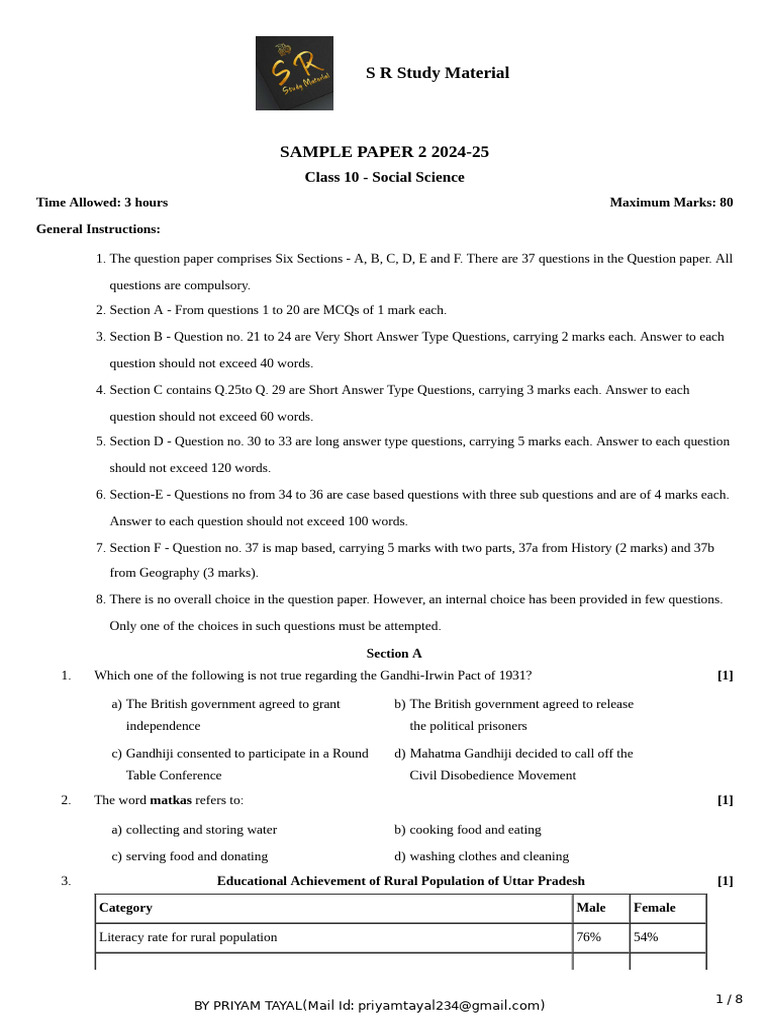 SAMPLE PAPER 2 2024-25 | PDF | Employment | Mahatma Gandhi