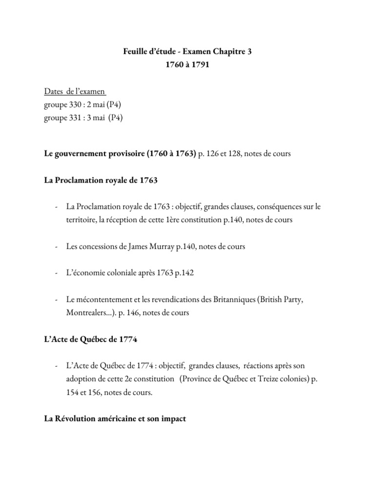 Étude sur le Québec de 1760 à 1791 | PDF