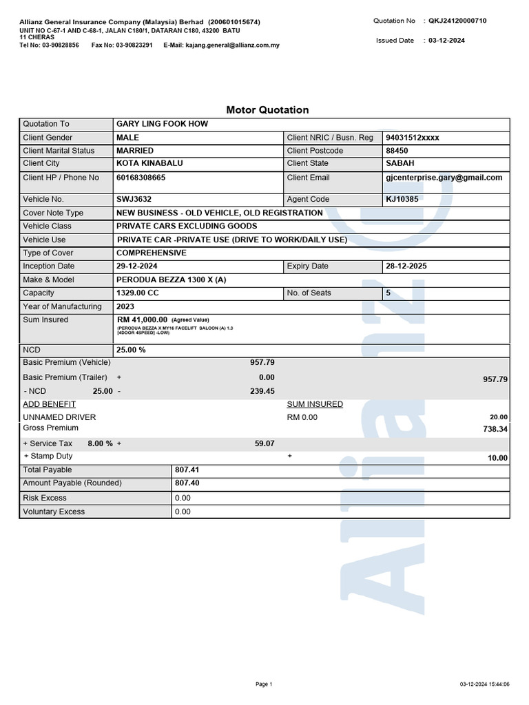 Comprehensive Motor Insurance Quotation | PDF | Insurance | Underwriting