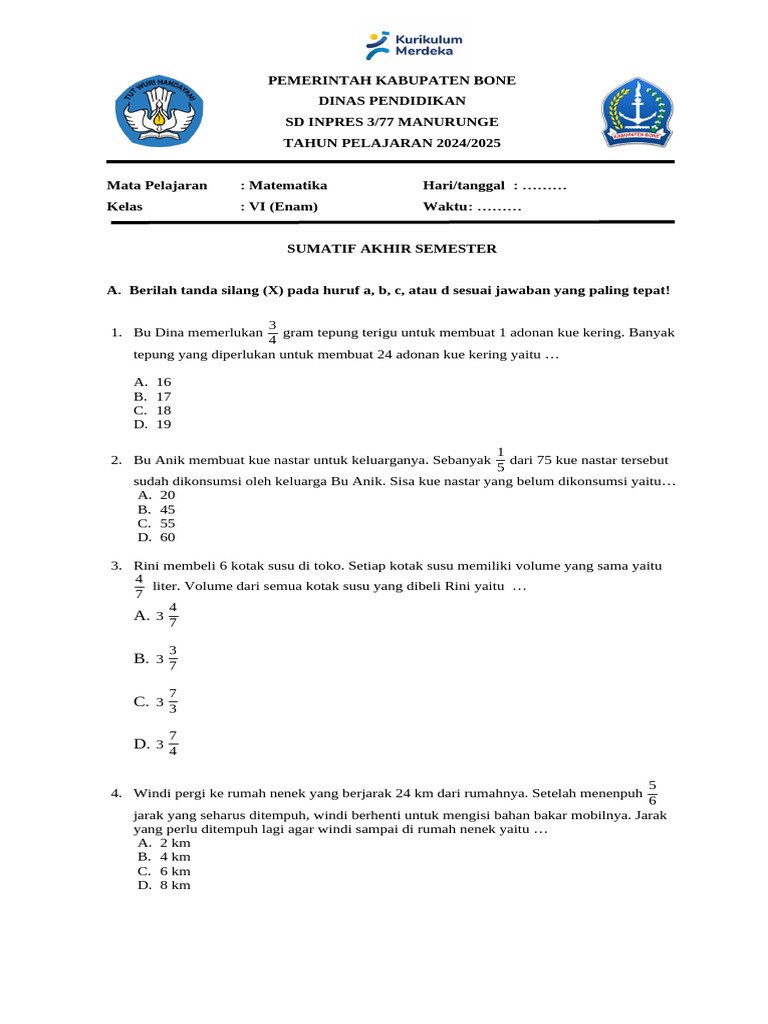 Soal Asas Ganjil Matematika Kelas 6 fix | PDF