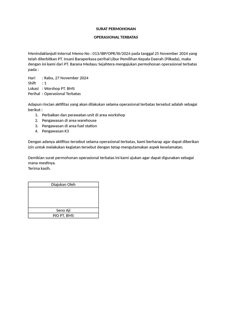 SURAT PERMOHONAN OPERASIONAL TERBATAS | PDF