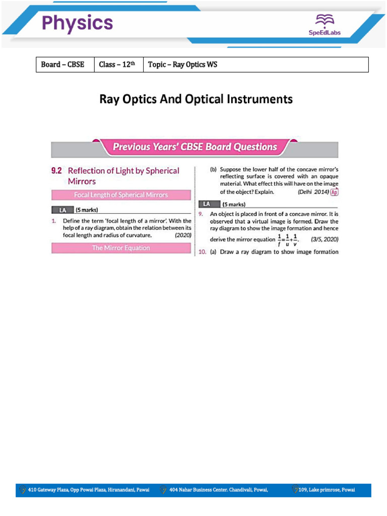CBSE 12th Physics Ray Optics WS | PDF