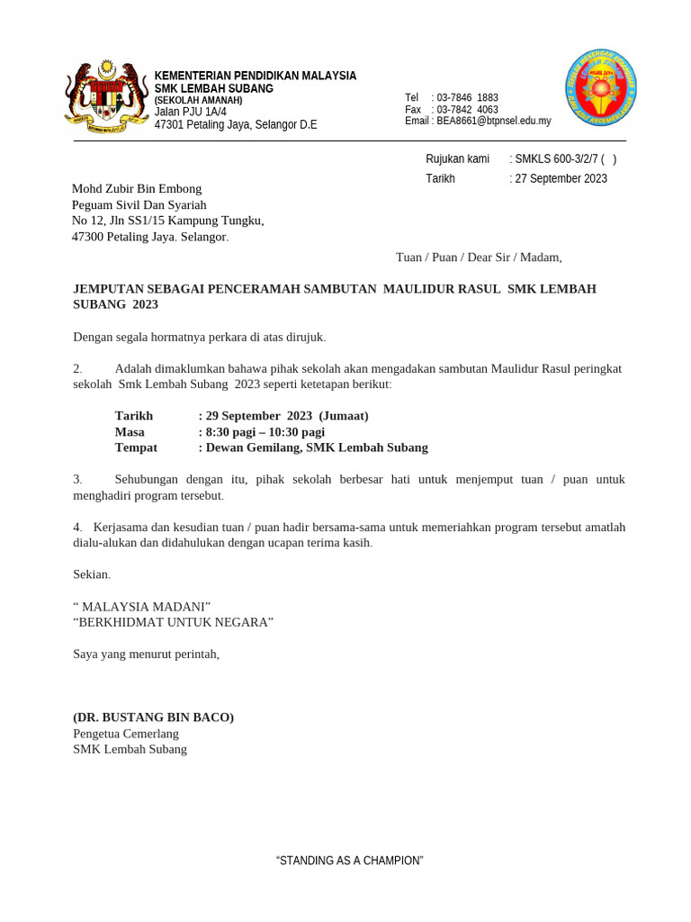 Surat Jemputan Penceramah Maulidur Rasul | PDF