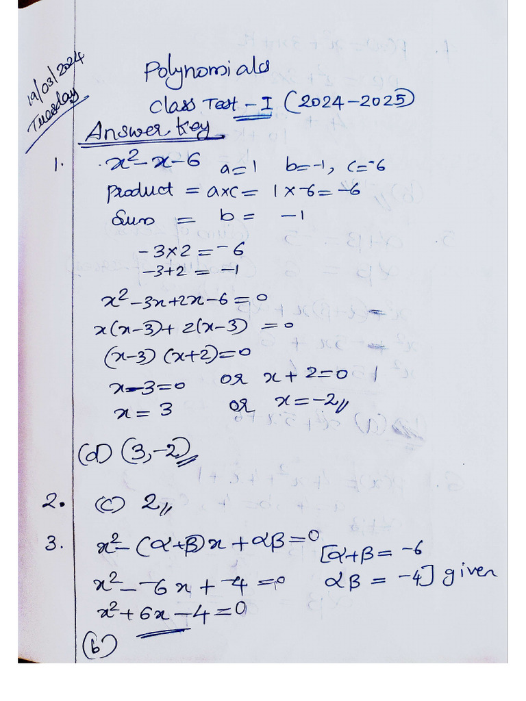 Nps Class 10 Polynomials Answer Key 2024 25 | PDF