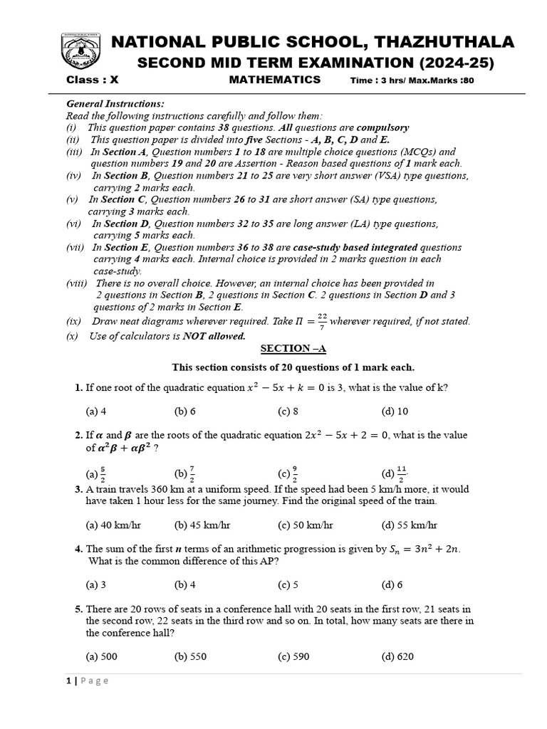 Class 10 Mathematics Second Mid Term Examination October 2024 | PDF | Mathematical Objects ...