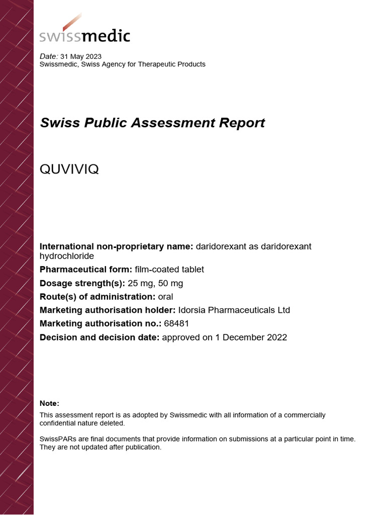 Swissmedic Report: QUVIVIQ Approval | PDF | Pharmacokinetics | Pharmacology